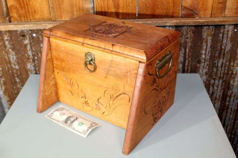 Beautiful hand carved solid wood box display with bold upholstery and ...