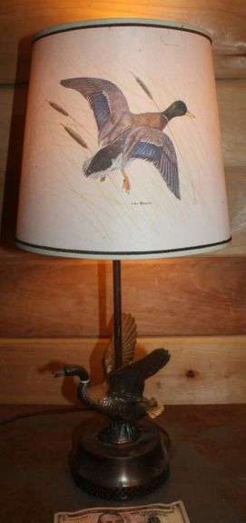 Awesome vintage brass duck lamp with fabric top (Base slightly damaged ...