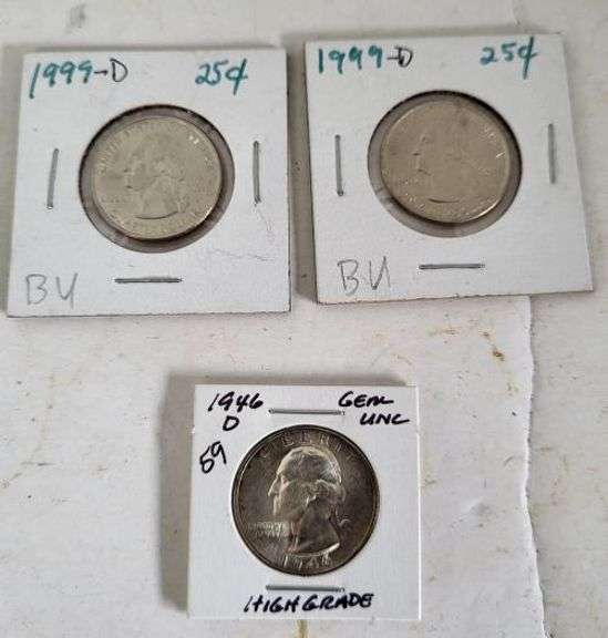 1946 Quarter and (2) 1999 D Quarters marked BU (Brilliant Uncirculated ...