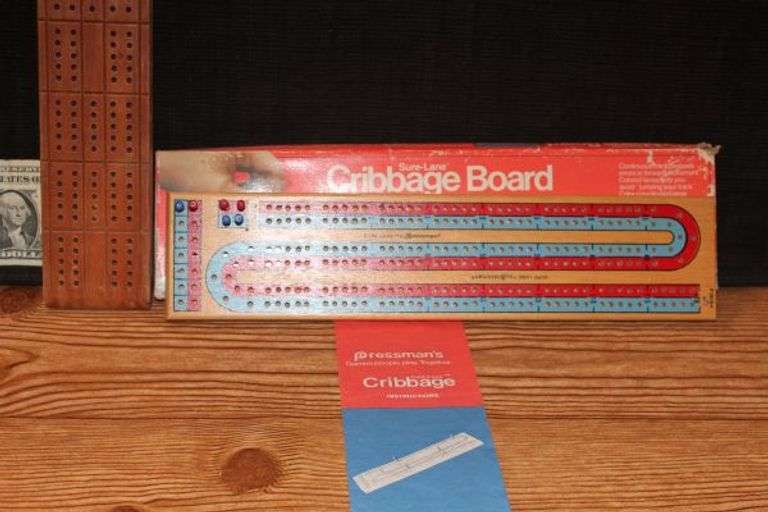Vintage Horn Wooden Cribbage Board Game with 5 Pegs - Plus Vintage 1983 Pressman Sure-Lane ...