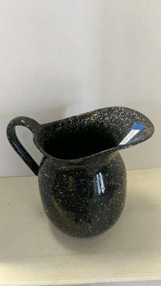 Black and white metal enamel pitcher - Wolfe Auction & Realty, LLC