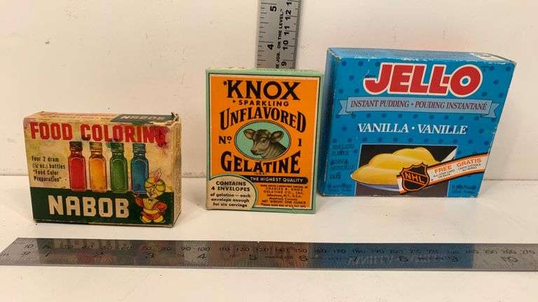 VINTAGE FOOD COLORING (3 BOTTLES) UNOPENED JELL-O & KNOX GELATIN BOX ...
