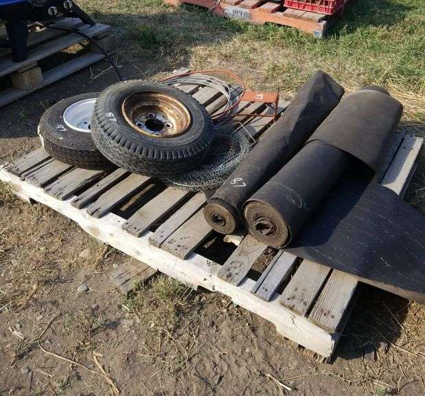 2 ROLLS TAR PAPER, 2 TIRES W/ RIMS (4.80-8N70 & 4.8/4.00-8), BASKETBALL ...