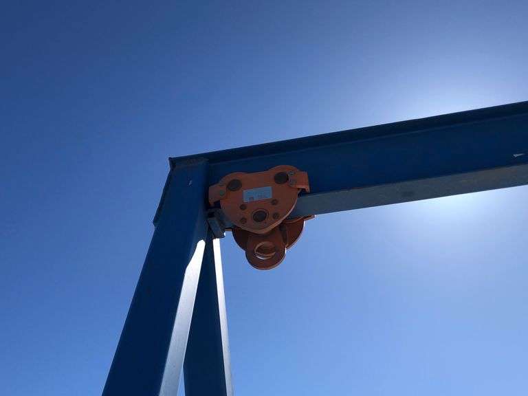 "A" FRAME HOIST, APPROX SIZE 12'H X 16'L X 8.5 W, ON WHEELS, 5 TON BEAM ...