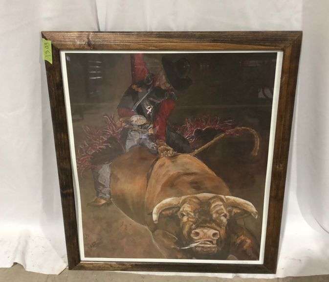 VINTAGE PICTURE OF COWBOY RIDING BULL IN WOOD FRAME W/ GLASS 22" X 25 ...