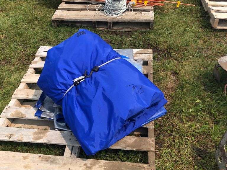 FIVE STANDARD BLUE TARPS (Assorted sizes, approx. 15' x 20') AND ONE ...