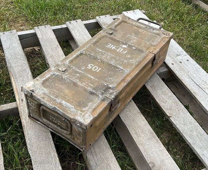 VINTAGE MILITARY AMMO BOX FOR 105MM SHELLS. Approx. 25" x 10.5" x 6 ...