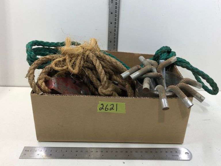 15 - 1-1/2" X5" CORE THREAD "L" BOLTS, 6" OF 1/2" NYLON ROPE & 6' OF 1/ ...