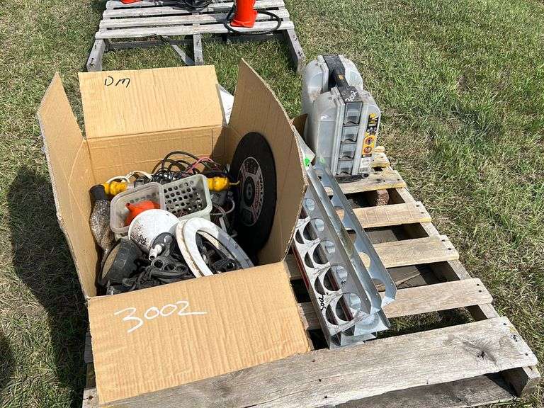 BOX OF MISC. SHOP, PARTS, TOOLS & HARDWARE, (3) METAL WALL RACKS, W ...