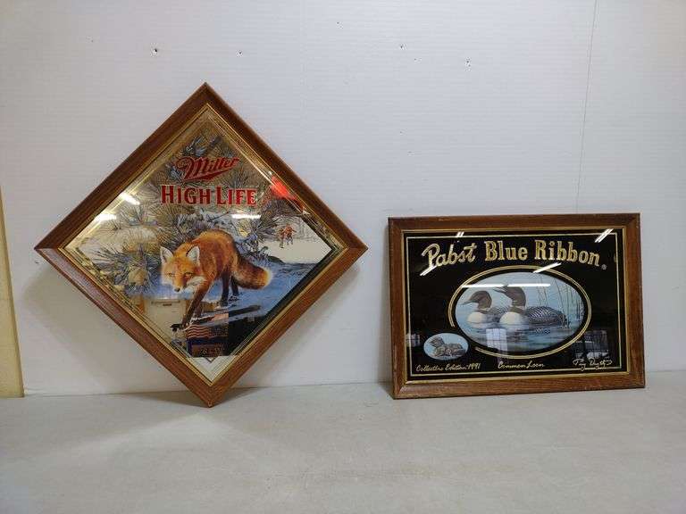 Miller, and Pabst Blue Ribbon beer mirrors. - W. Yoder Auction