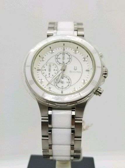 BULOVA 98P125 ROUND WHITE ANALOG DIAMOND CERAMIC STAINLESS STEEL WATCH ...