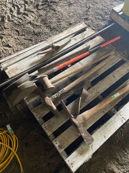 Pallet of Tools - Post Mallet, 2 Picks, Spike Hammer, Shovel, Pry Bar ...