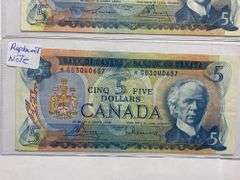 2 - 1972 Replacement Notes -CAD Five Dollar Bill - Yorkton Auction Centre