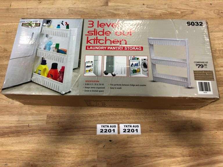 3 LEVEL SLIDE OUT STORAGE KITCHEN LAUNDRY PANTRY - Yorkton Auction Centre