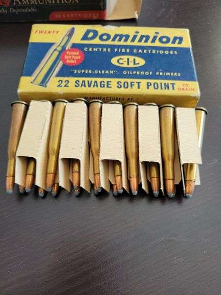Box of Dominion 22 Savage Soft Point Cartridges - Yorkton Auction Centre