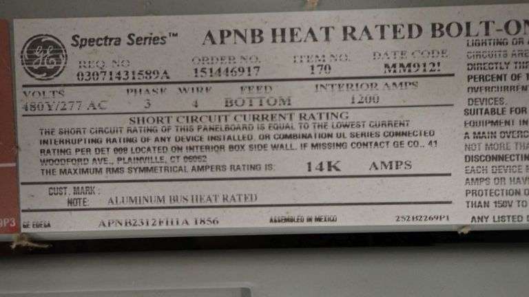 GE APNB Heat Rated Bolt On Style Panelboard - Yellow Tag Auctions